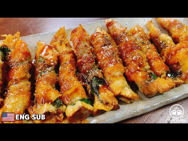 ただ巻いて焼くだけで超旨い！『エリンギの豚しそチーズ巻き』Eringi pork shiso cheese roll Diet ロカボレシピ ...
